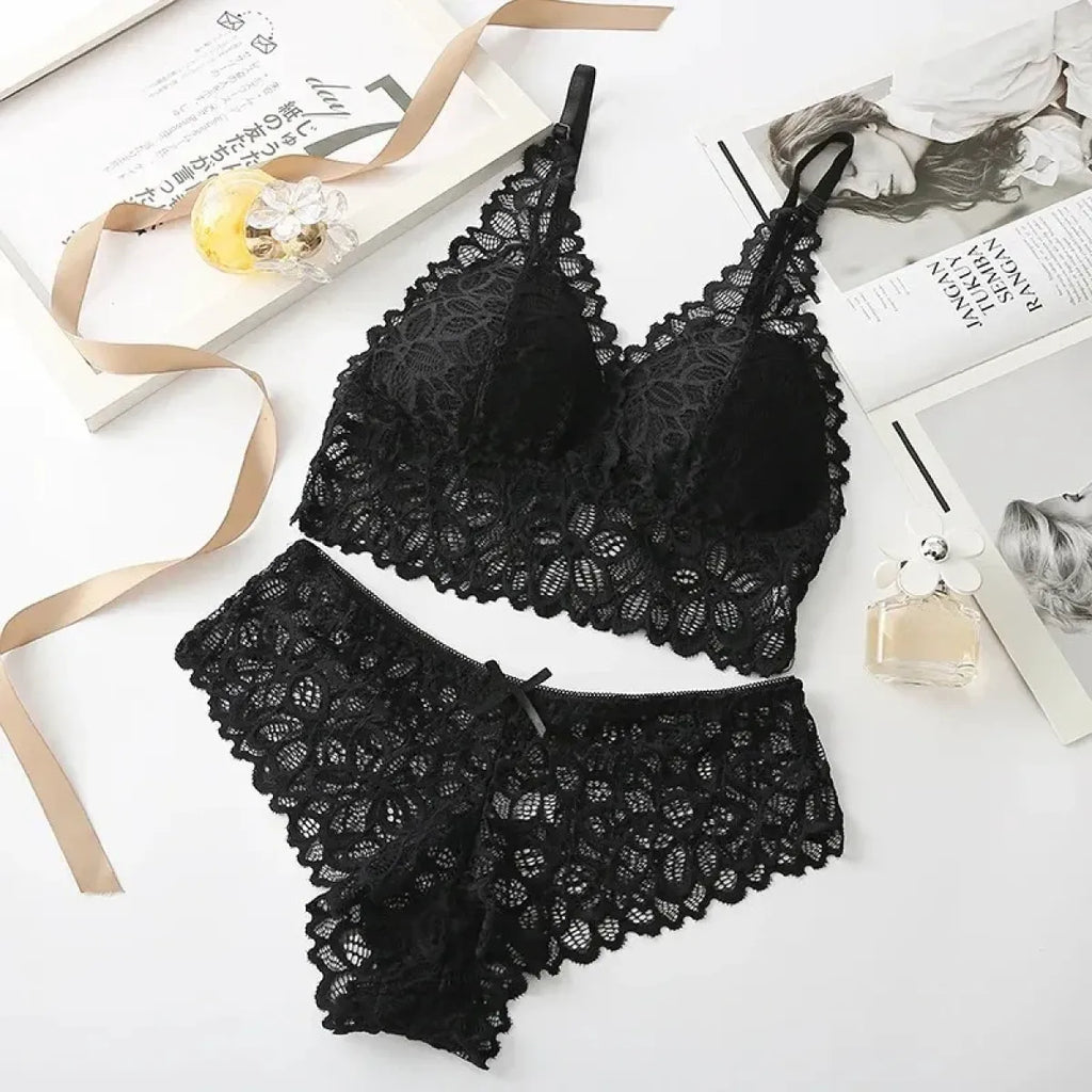 Lace Bra and Panty Set – Seamless Wire-Free Embroidered Lingerie – PopCart